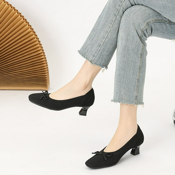 Black Women'S Solid Color Bowknot Knit Square Toe Pumps Casual Chunky ...
