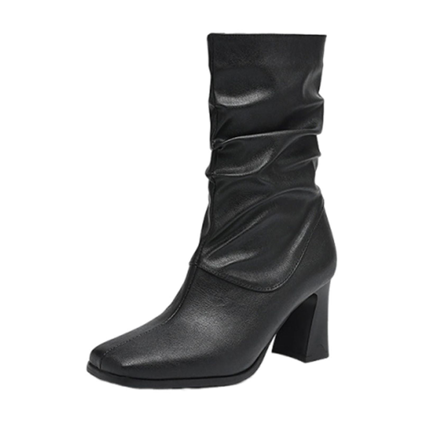 Black Women'S Square Toe Design Ankle Boots Pleated Chunky Heel Solid ...
