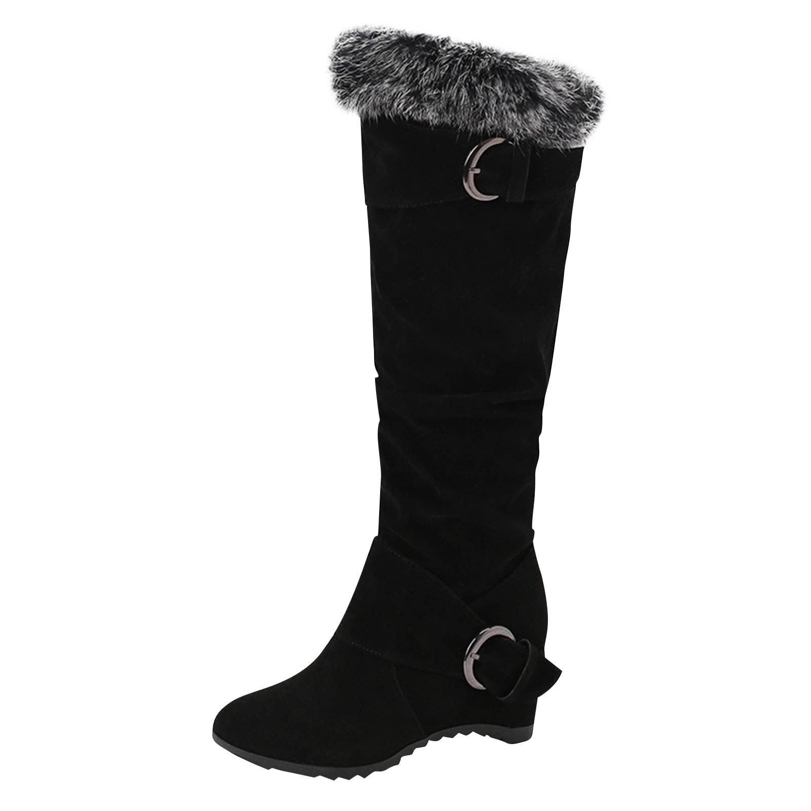 Black Women'S Tall Boots With Inner Platform And Buckle Strap Chunky ...