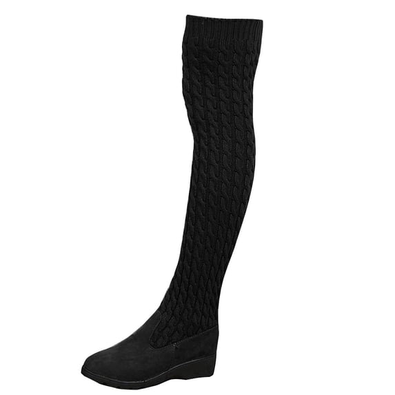 Black Women'S Wedge Heel Tall Boots Knit Fabric Round Toe Casual ...