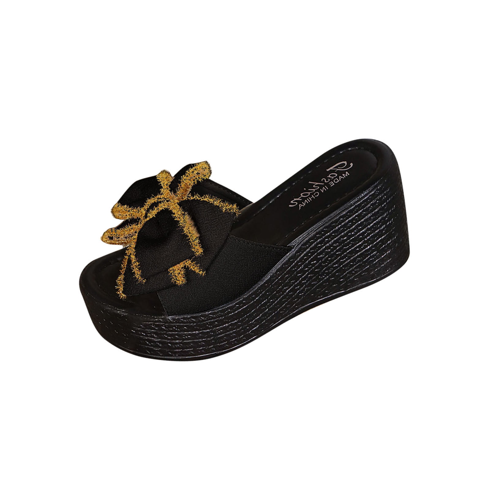 Black Women'S Wedge Slides Bow Decor Peep Toe Open Toe Breathable ...