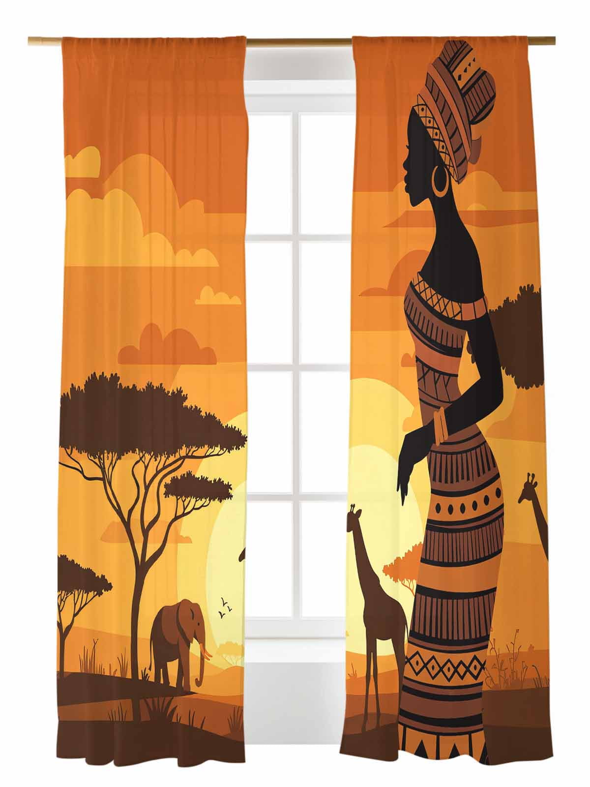 Black Women Sheer Curtains 2 Panels Set Africa Nation Elephant Giraffe ...