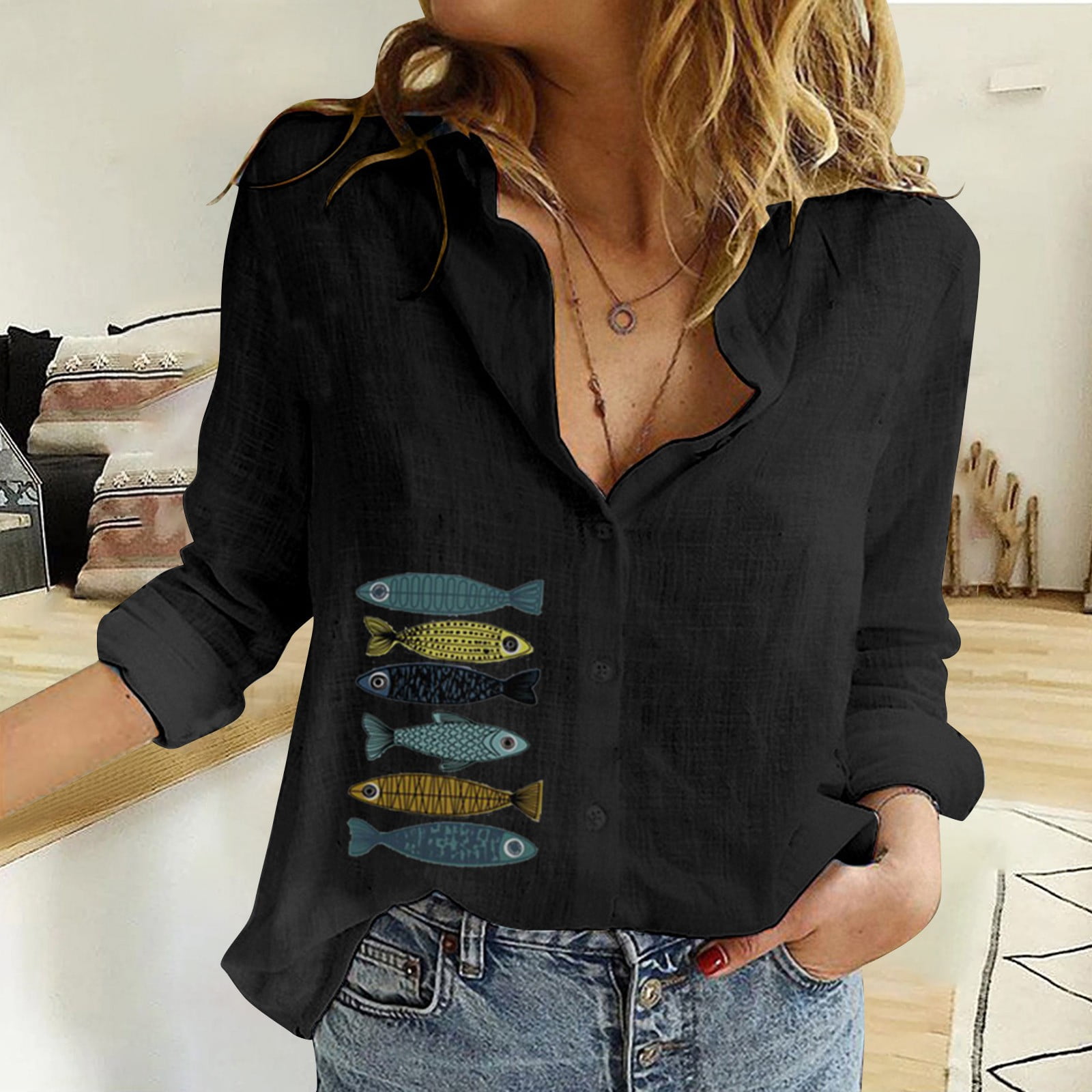 Black Women Shirts, Fashion Women'S Loose Button Solid Lapel Long ...
