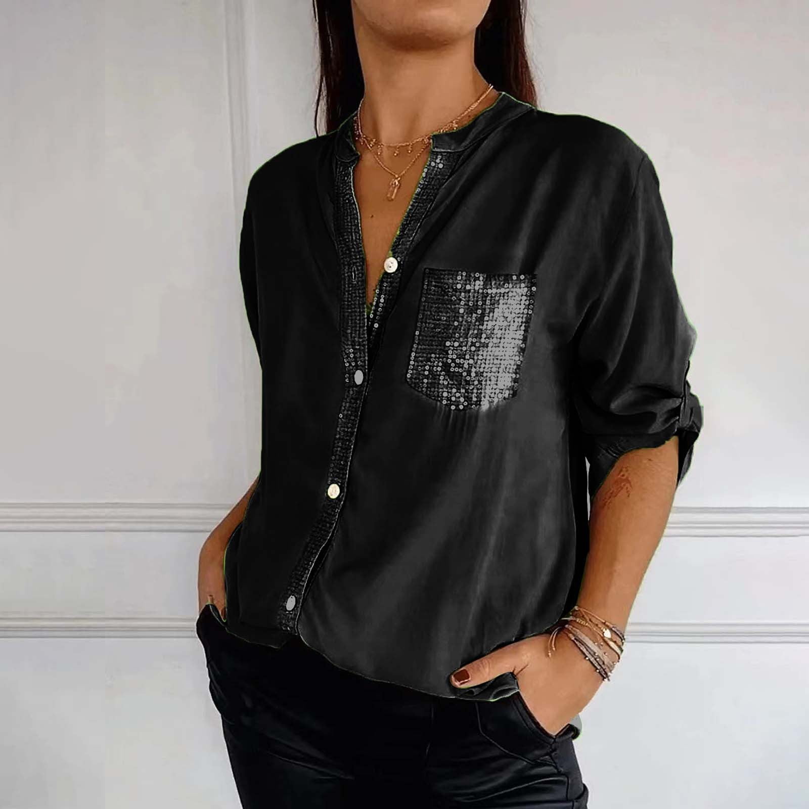 Black Women Shirts, Women'S Casual V Neck Collared Button Up Blouse Top ...