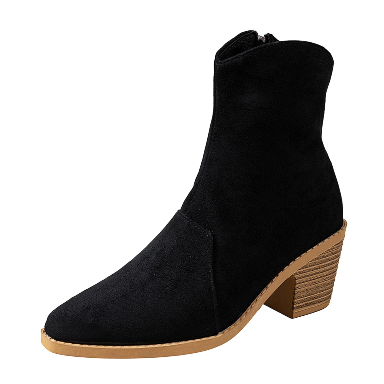 Black Women Short Boots With Square Toe Accent And Thick Heel Crafted ...