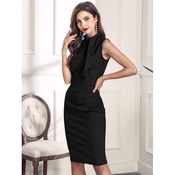 Black Women Sleeveless Bodycon Midi Dress With High Neck Draped Tie ...
