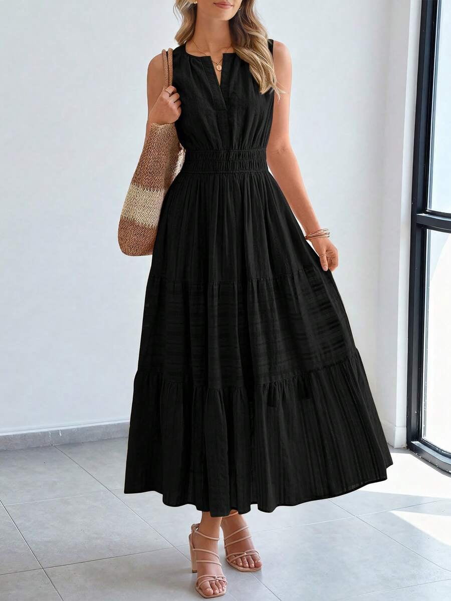 Black Women Sleeveless V-Neck High Waist A-Line Flowy Maxi Sundress For ...