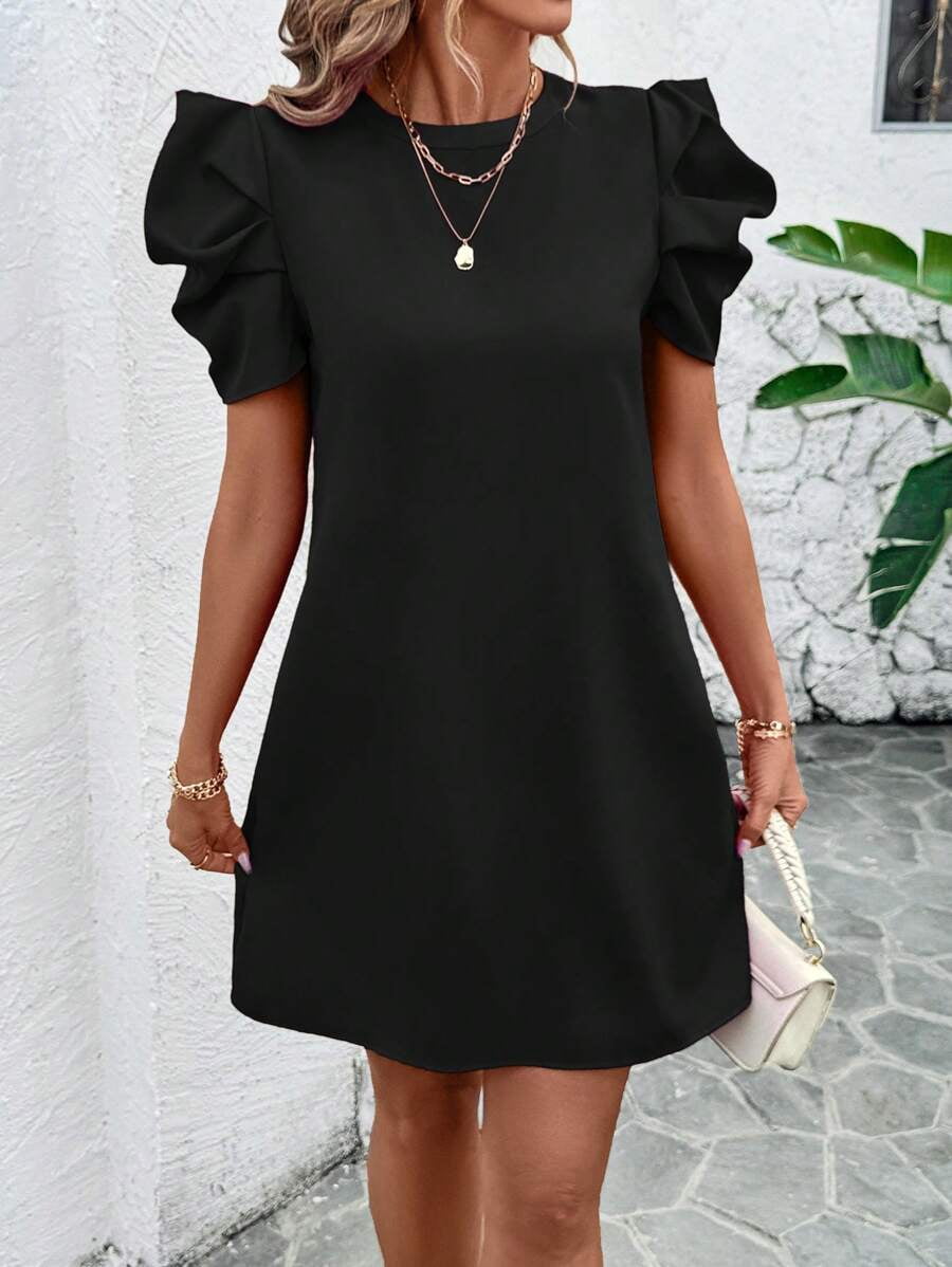 Black Women Solid Color Round Neck Puff Sleeve Casual A-Line Mini Dress ...