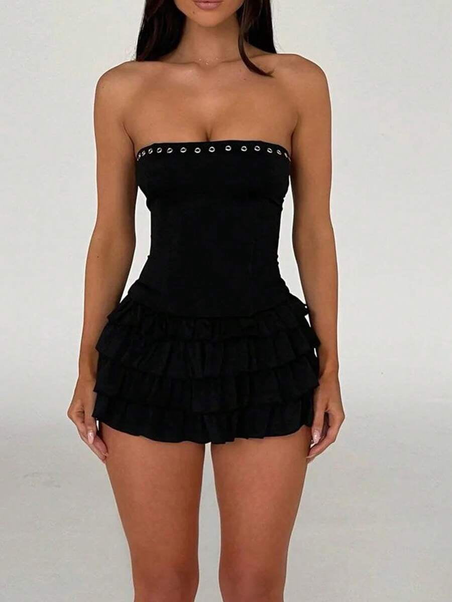 Black Women Strapless Ruched Ruffle Mini Dress Sleeveless Bodycon ...