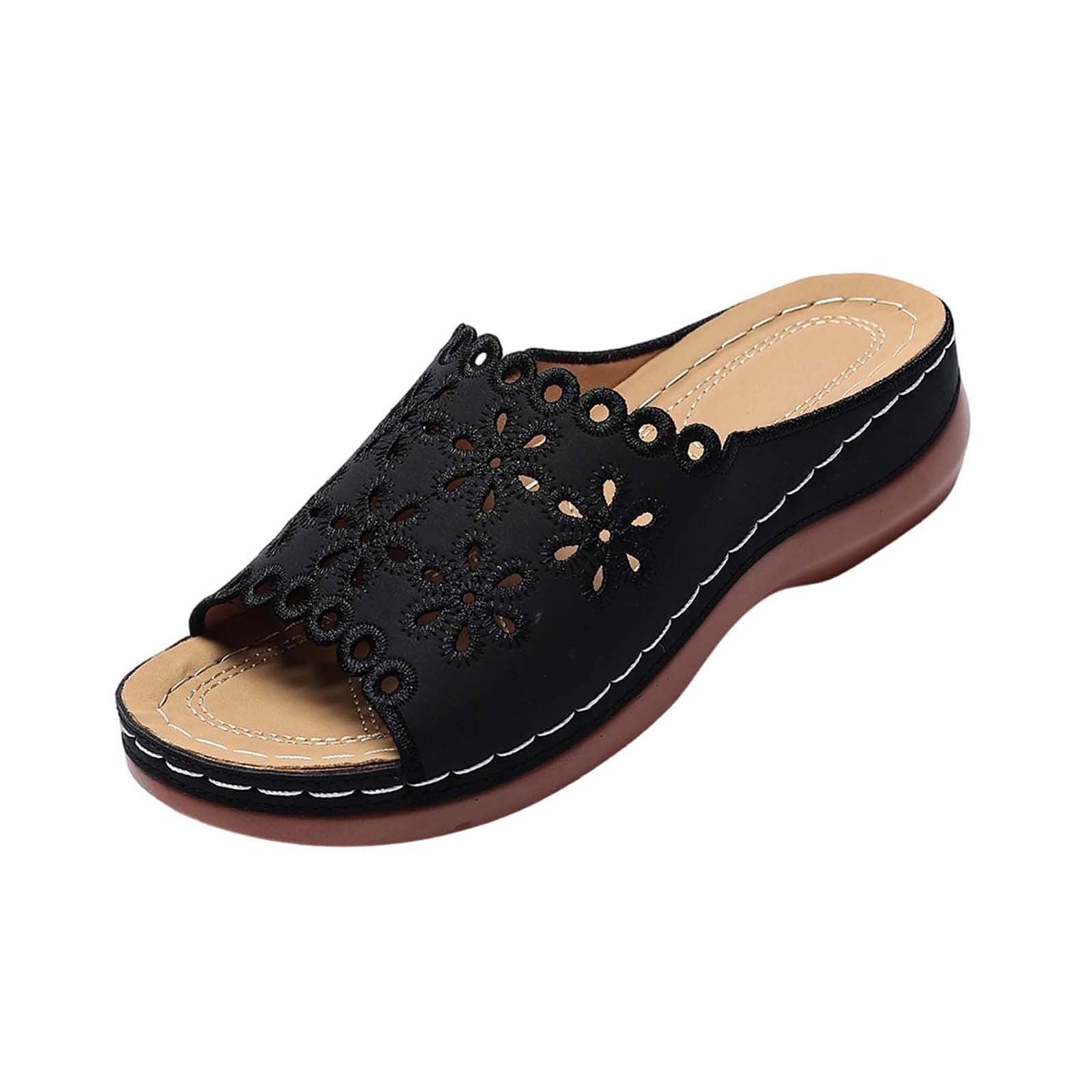 Black Women Summer Casual Slippers Wedge Heel Hollow Out Floral Round ...