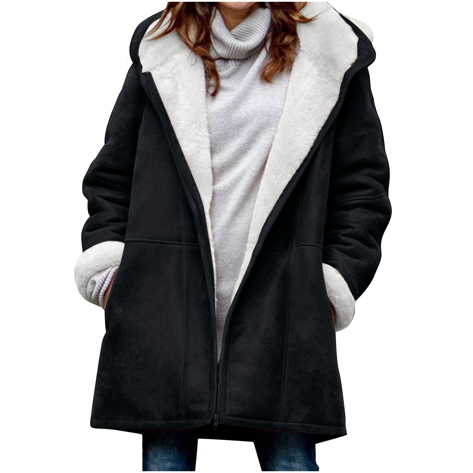 Black Women Thermal Fuzzy with Hood Basic Oversized Jacket Hoods Trench ...