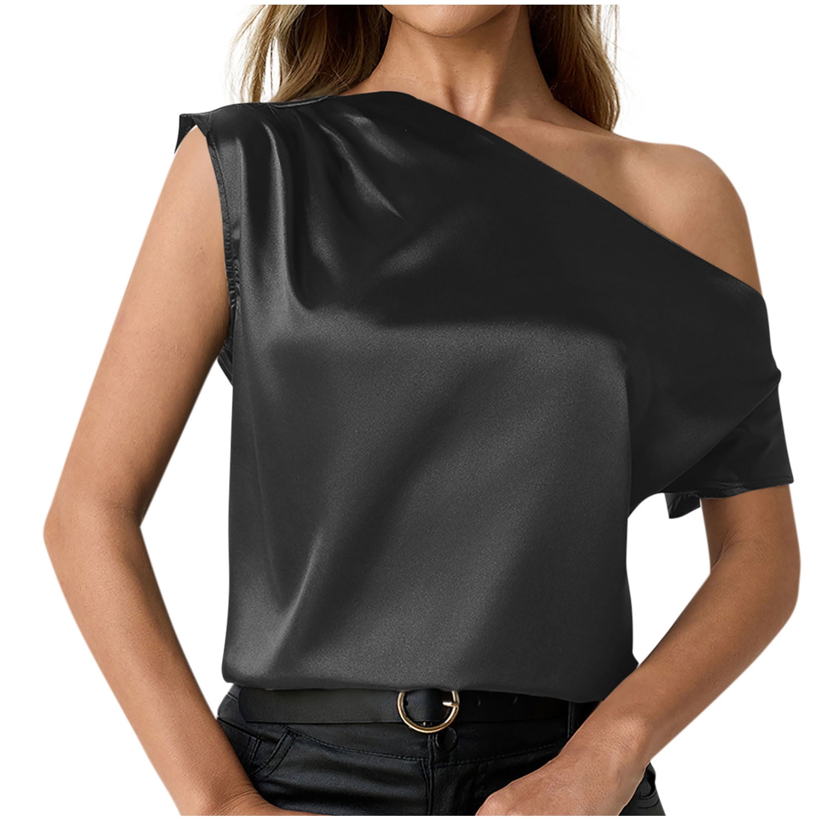 Black Women Tops Sleeveless Short Sleeve One Shoulder Blouses for Women ...