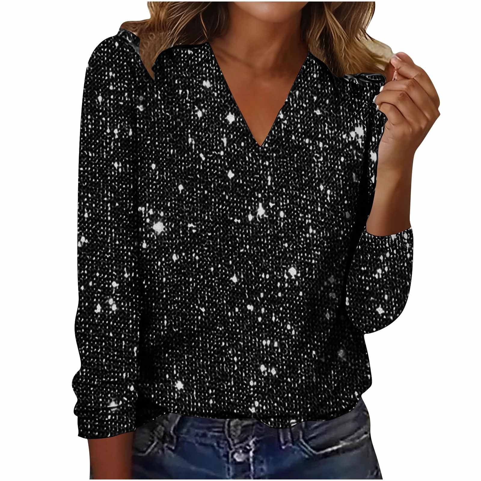 Black Women Tops V Neck Spandex Blouses for Women Long Sleeve Brunch ...