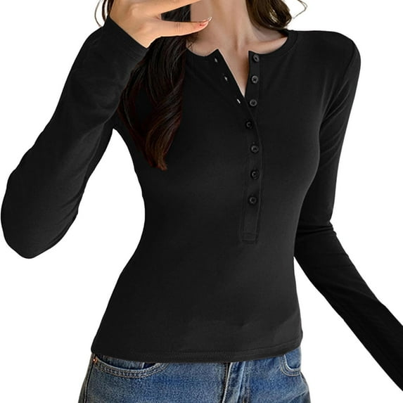 Black Women Vneck Spandex Tops Casual Button Blouse for Teen Girls Long ...