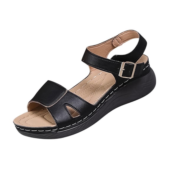 Black Women Wedge Sandals Fish Mouth Thick Bottom Solid Color ...