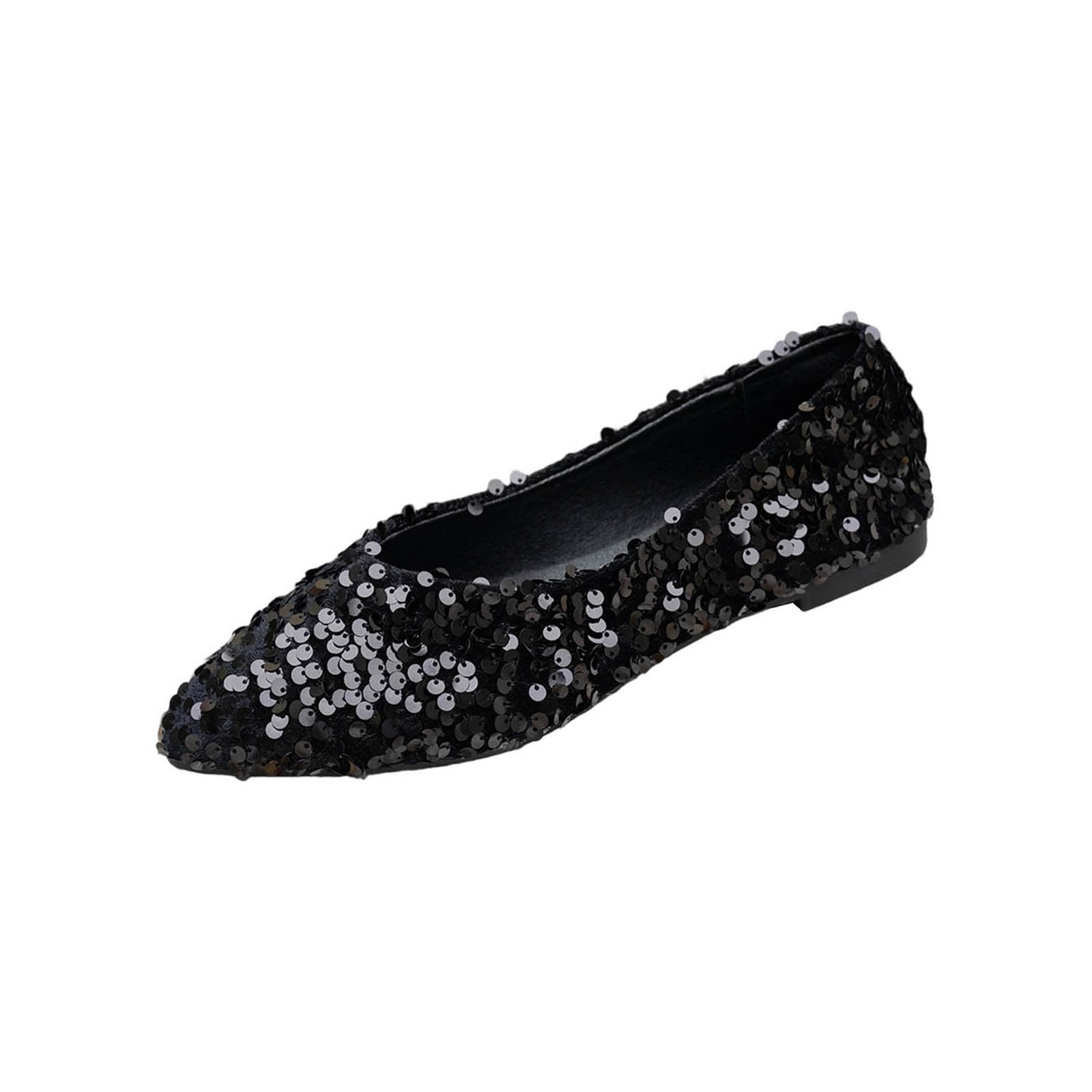 Black Women's Casual Sequined Shoes Solid Color Pointed Toe Enclosed ...