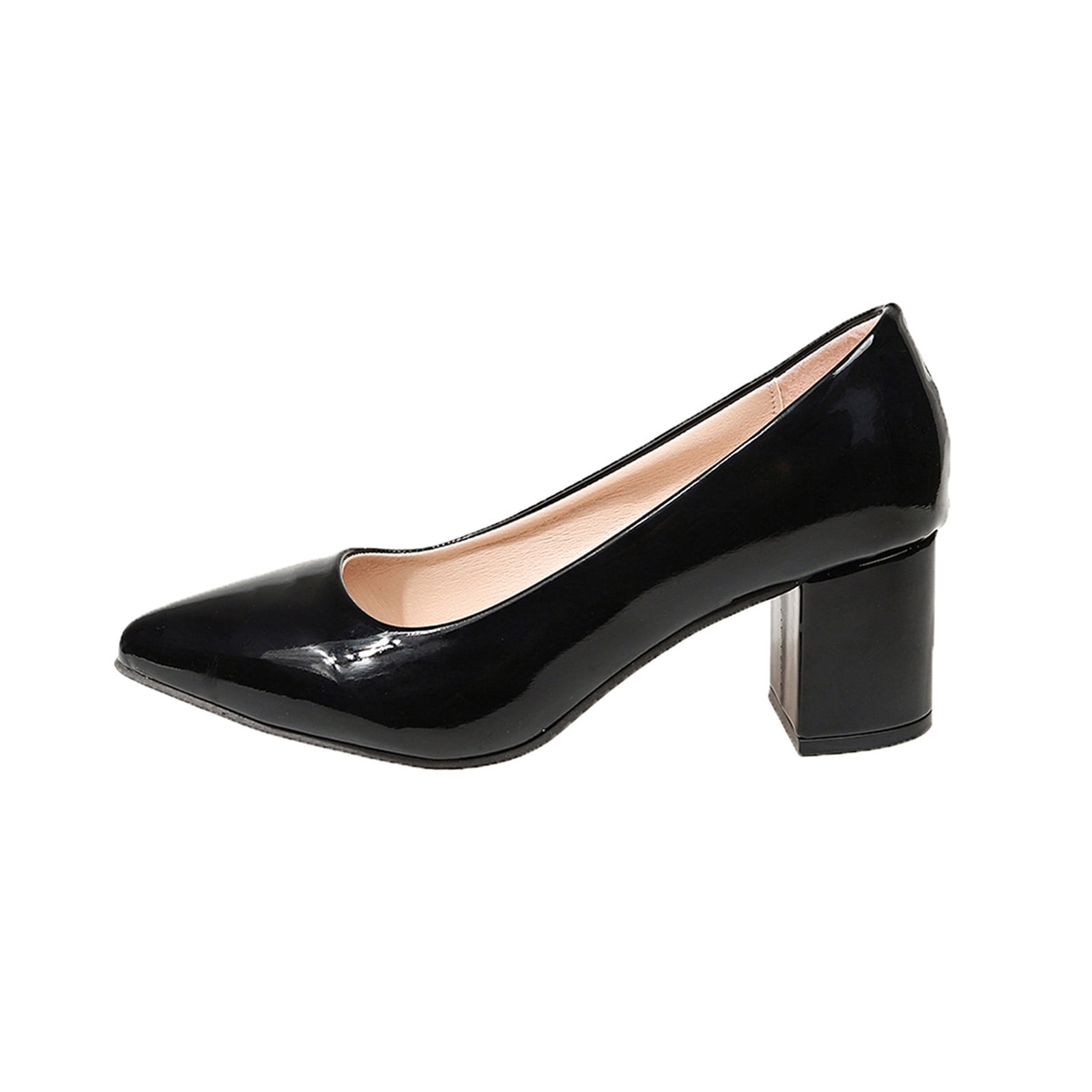 Black Women's Casual Work Flats Solid Color Pointed Toe Chunky Heel ...