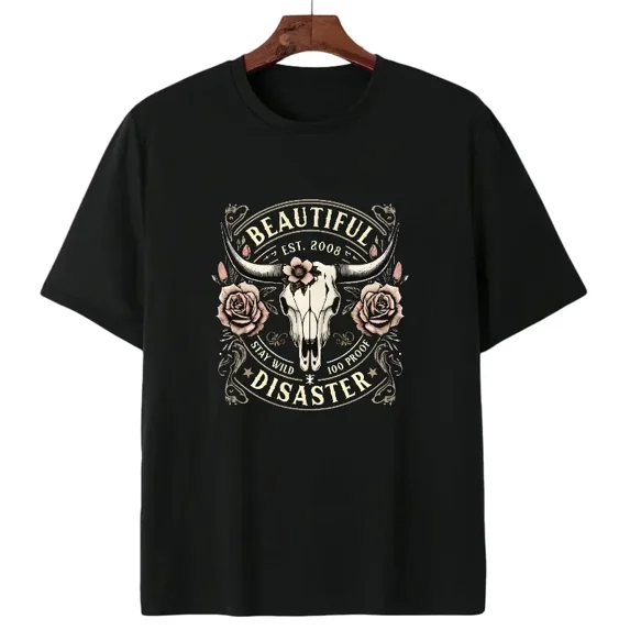 Black Women’s Crew Neck Short Sleeve T-Shirt, Western Cowboy Bull Skull ...