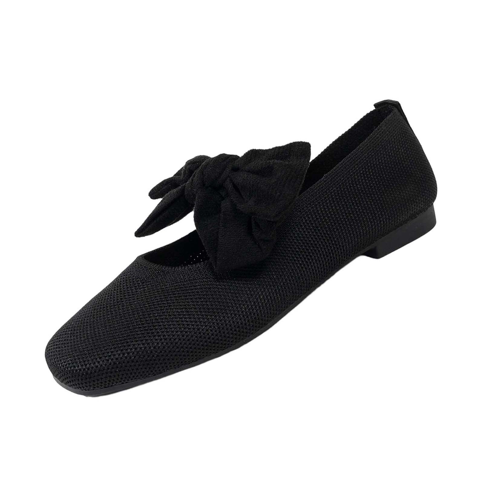 Black Women's Loafers Bow Tie Polka Dot Solid Color Square Toe Flat Low ...