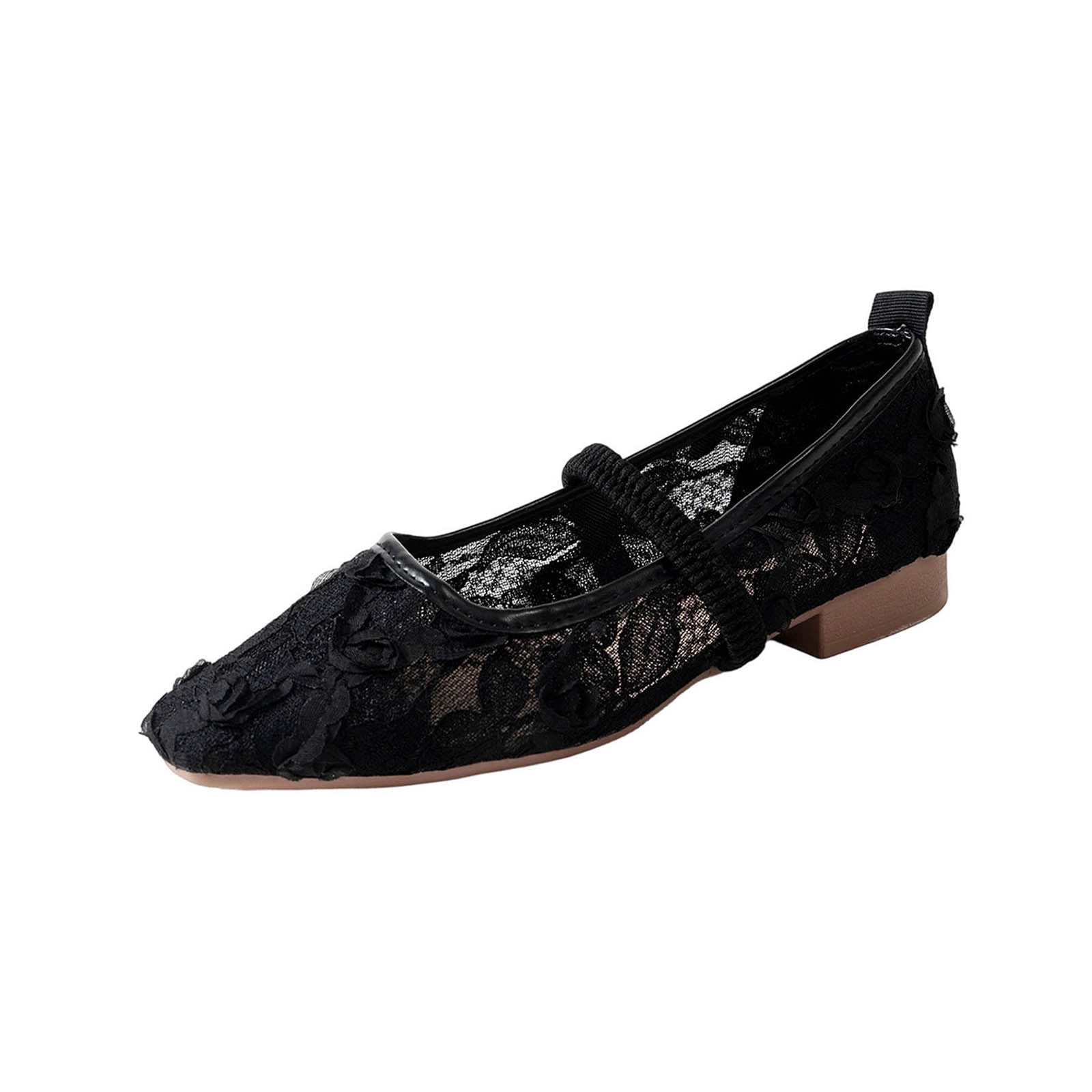 Black Women's Mesh Lace Flat Shoes Breathable Bean Shoes Square Toe ...