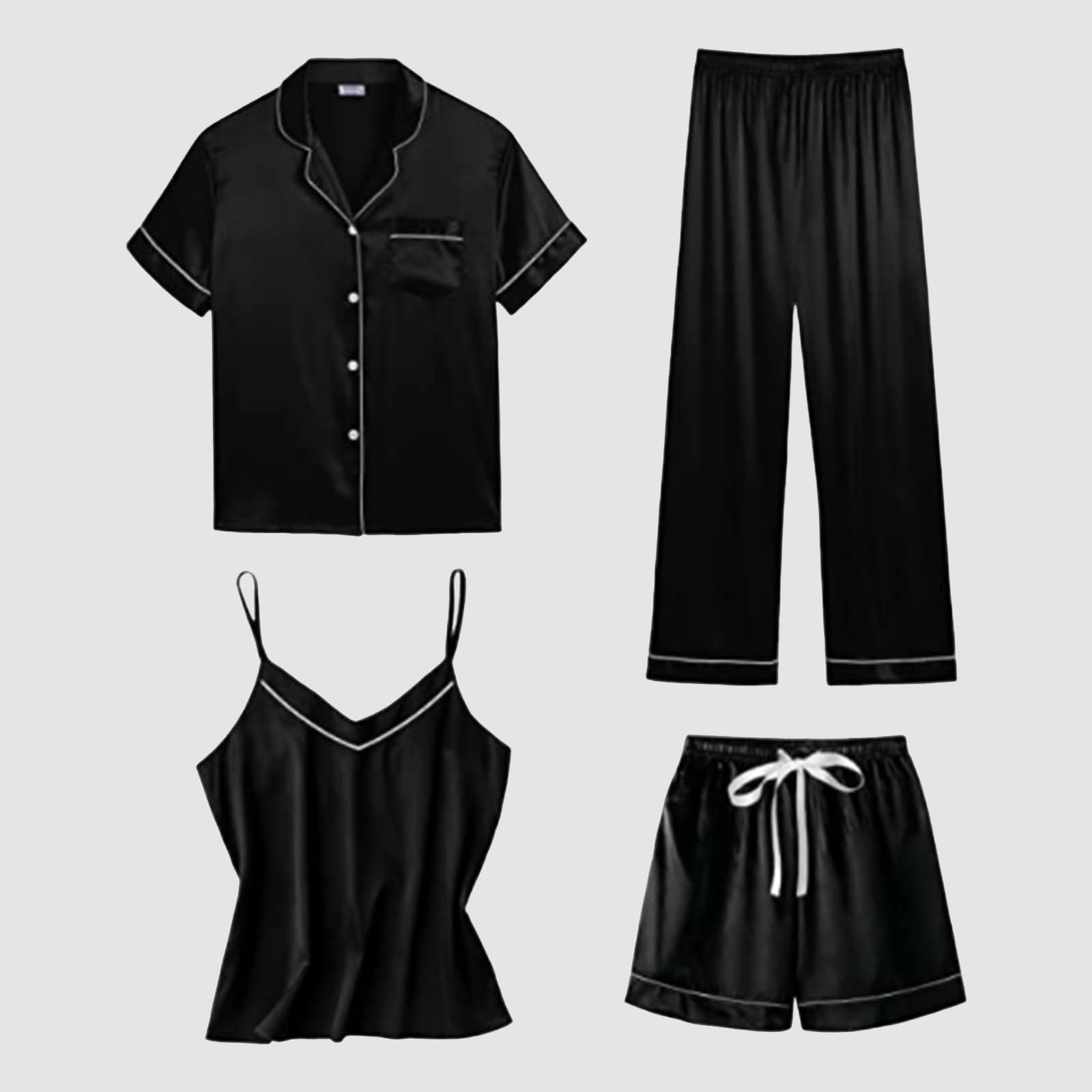 Black Women's Sleepwear, Satin Pyjamas Women'S Short 4 Piece Pyjamas ...