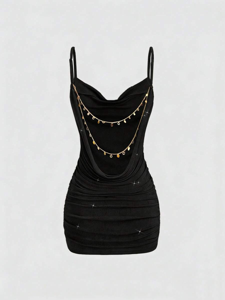 Black Womens Backless Ruched Bodycon Mini Dress With Goldtone ...