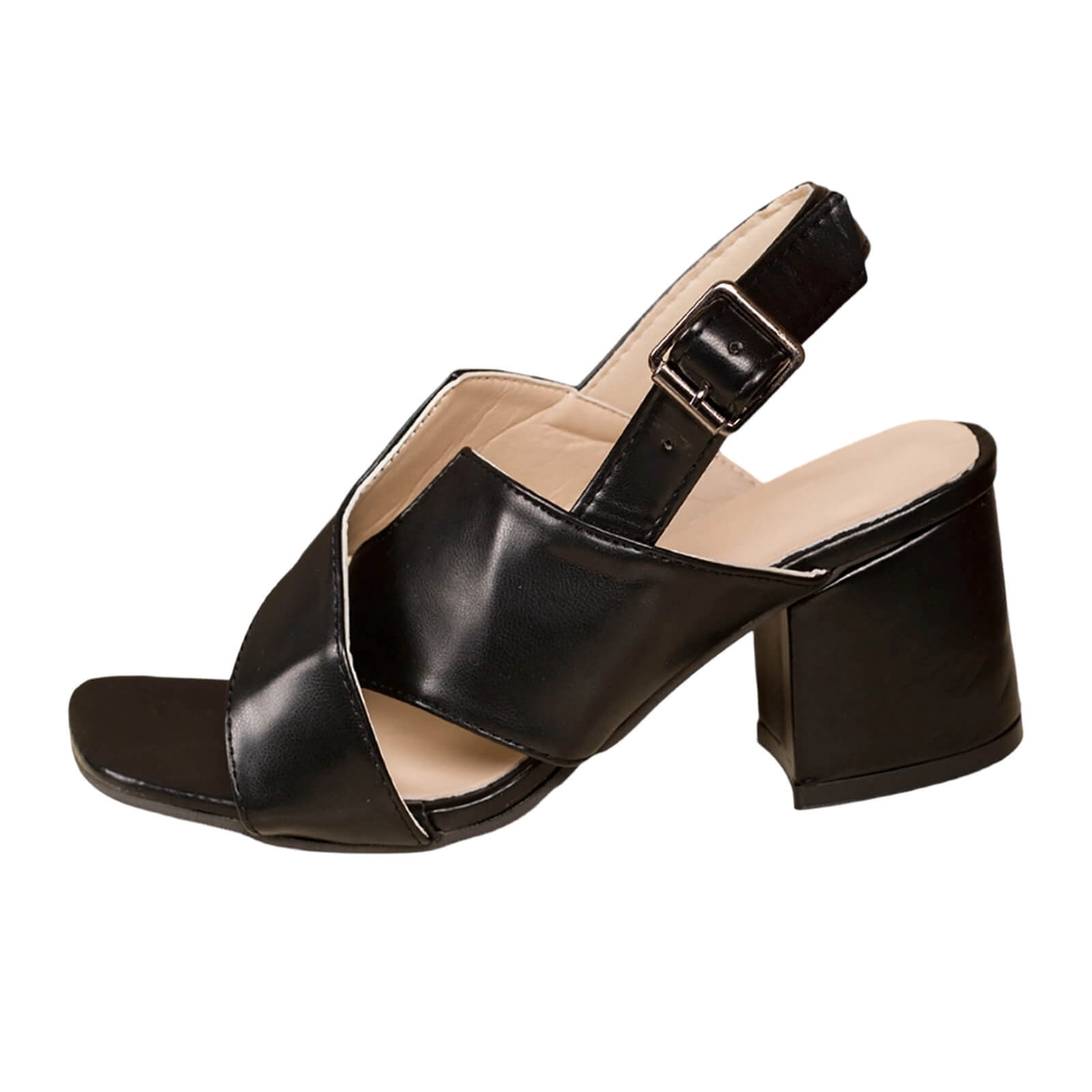 Black Womens Block Heel Sandals Open Toe Slingback Buckle Strap ...