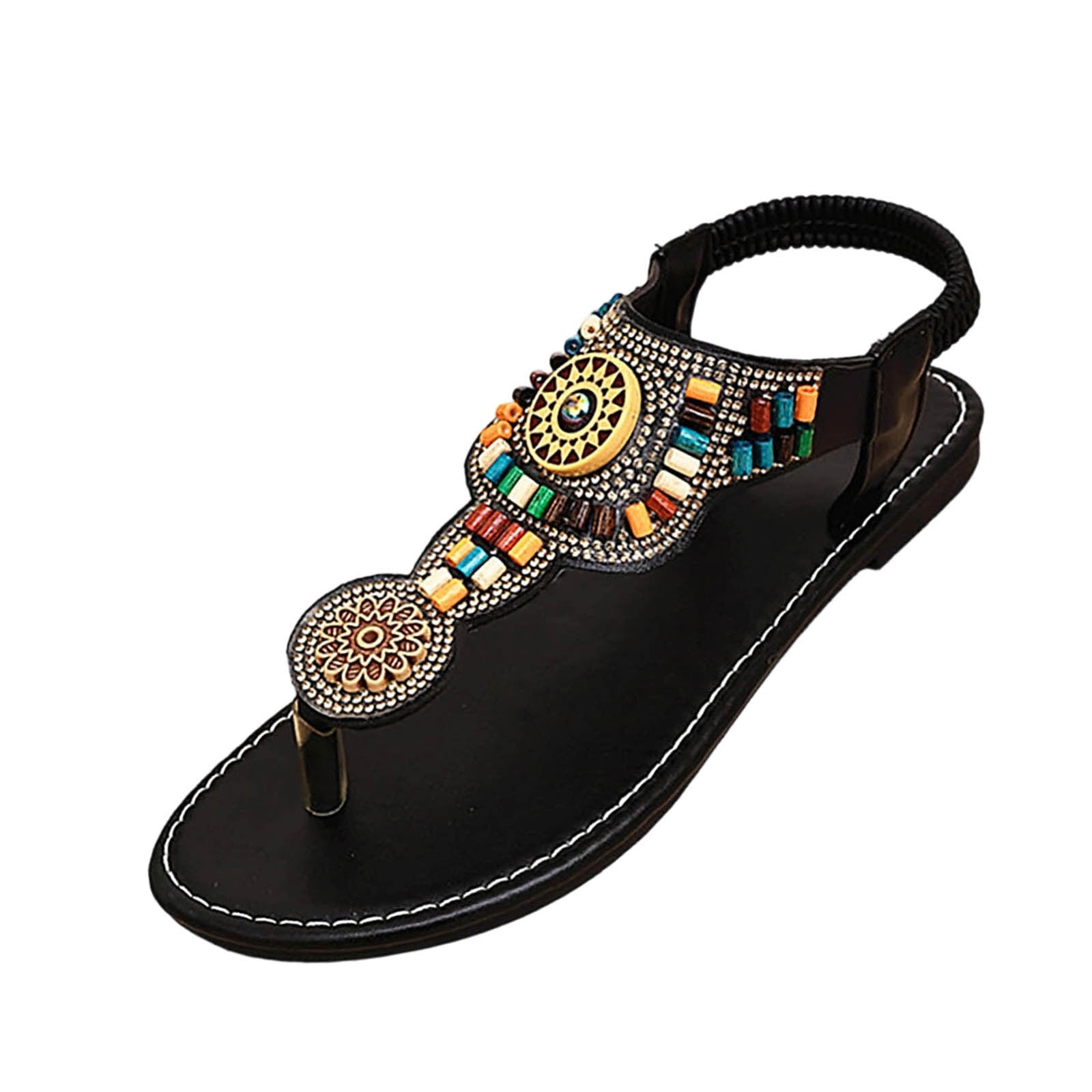 Black Womens Bohemian Flat Sandals Featuring A Thong Design And ...