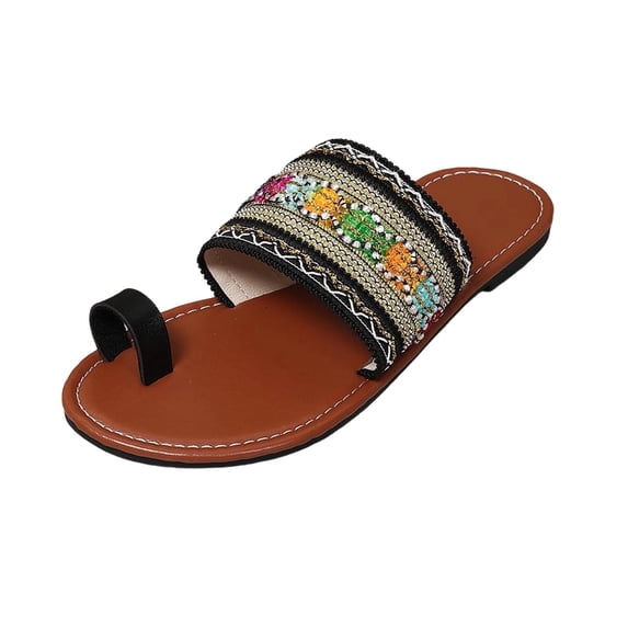 Black Womens Bohemian Style Flat Beach Slippers Plus Size Fabric Cozy ...