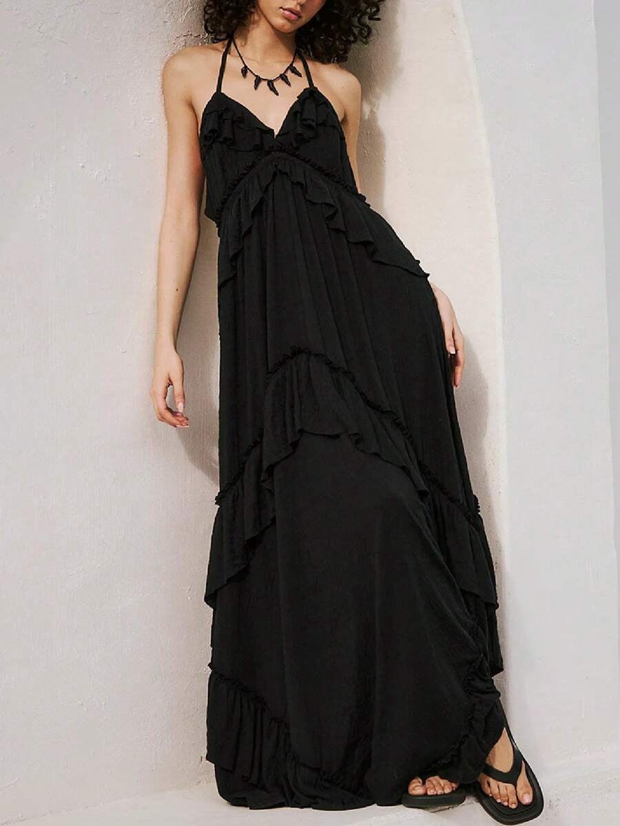 Black Womens Boho Spaghetti Strap Maxi Dress With Tiered Ruffles Low ...