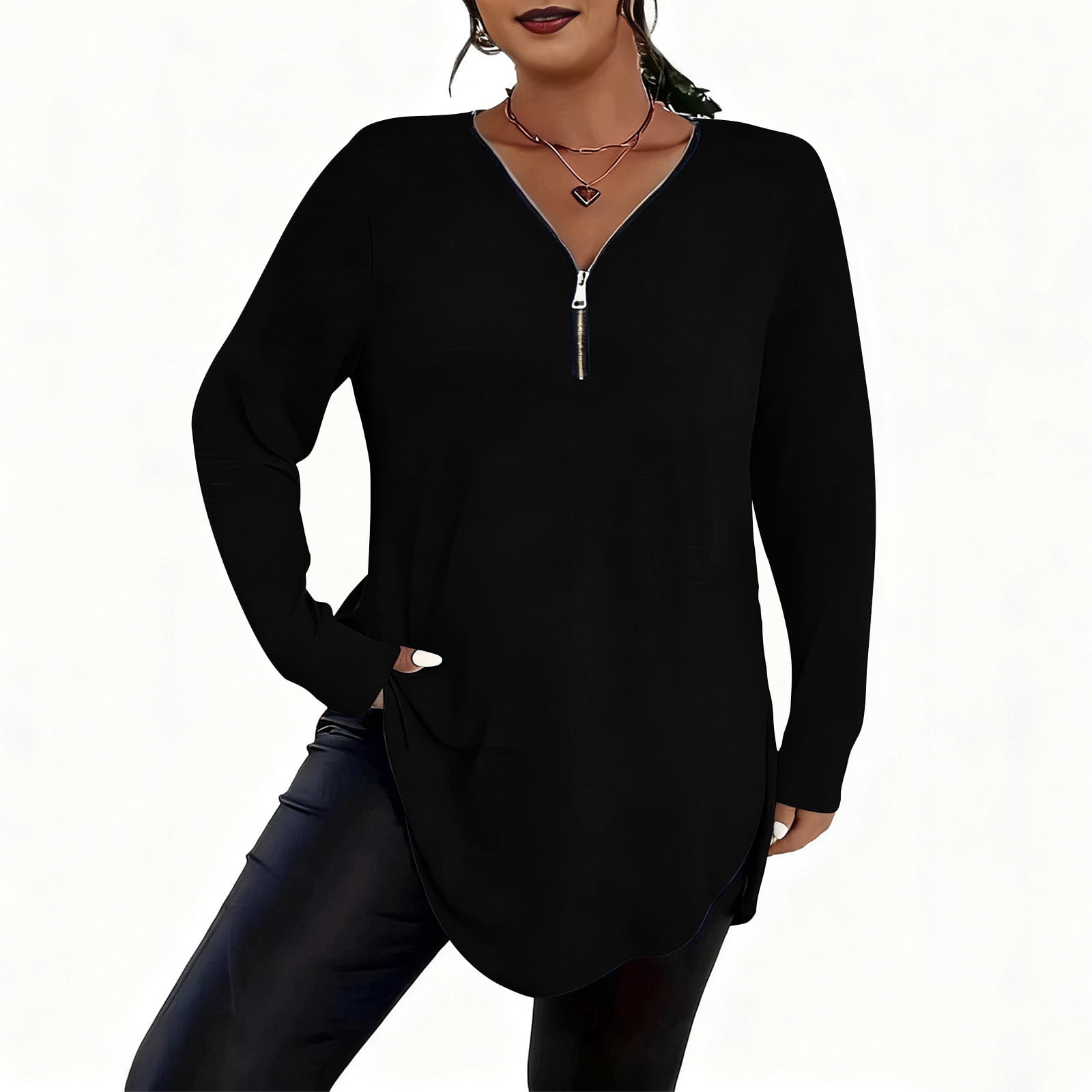 Black Womens Brunch Zip Up Top Long Sleeve Blouses for Women Crewneck ...