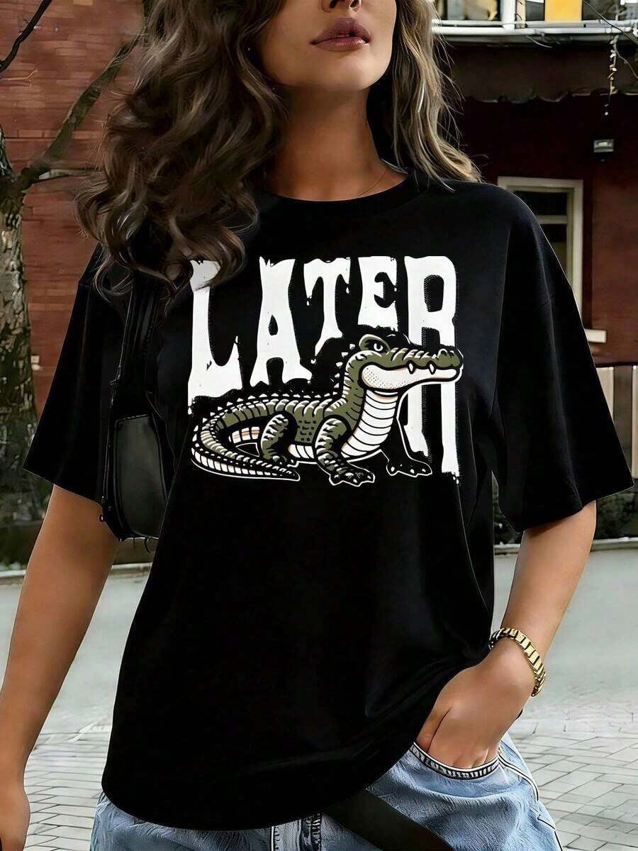 Black Womens Casual Later Gator Graphic Short Sleeve T-Shirt, Round ...