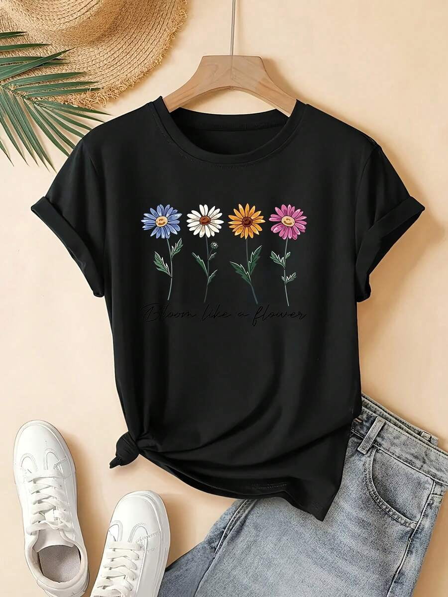 Black Womens Casual Short-Sleeve Graphic T-Shirt With Colorful Floral ...