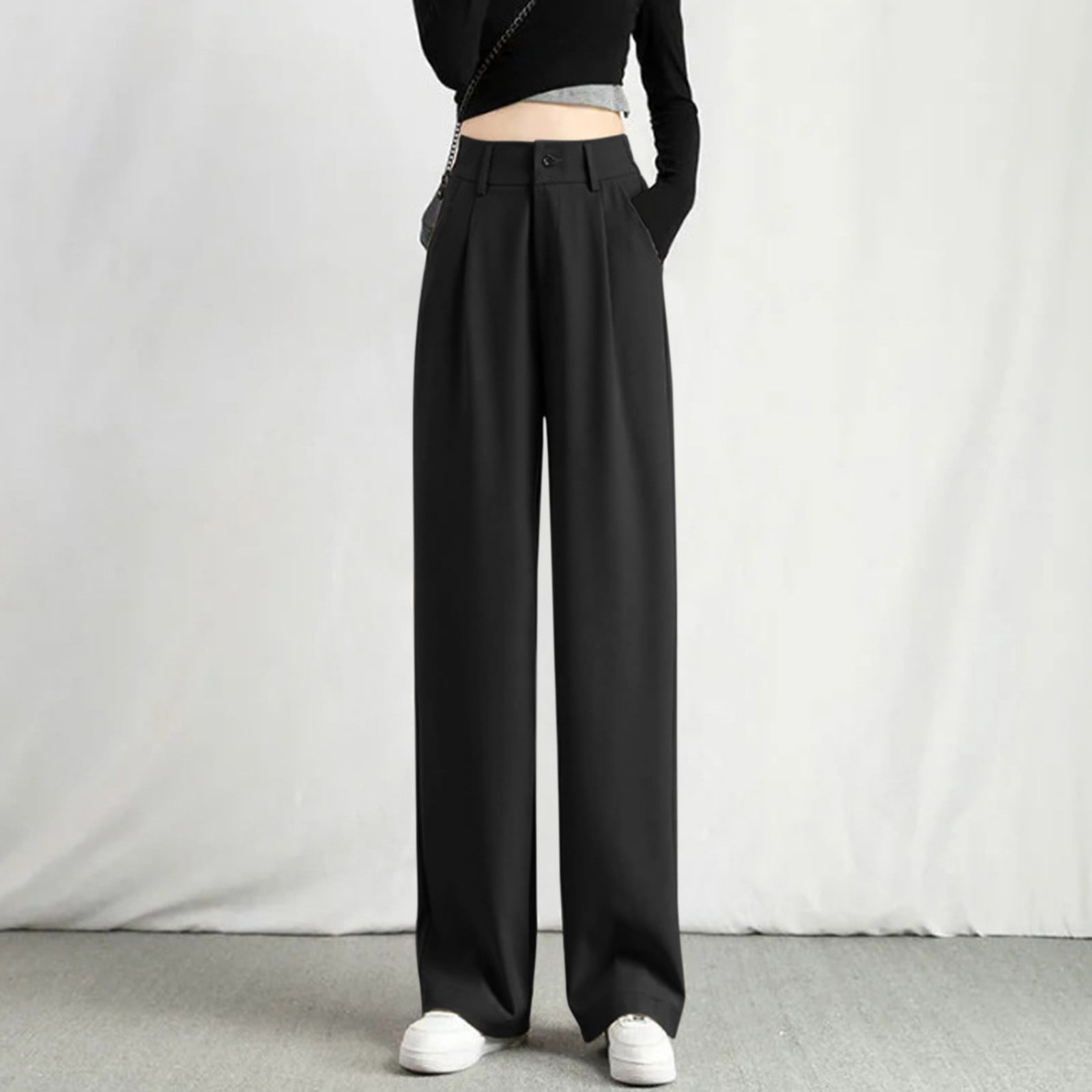 Black Womens Casual Suit Pant Women's Wide Leg Pants High Elastic ...