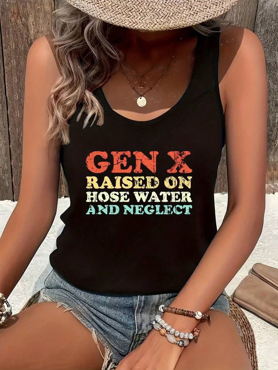 Black Womens Casual Tank Top With Distressed GEN X Raised On Hose Water ...