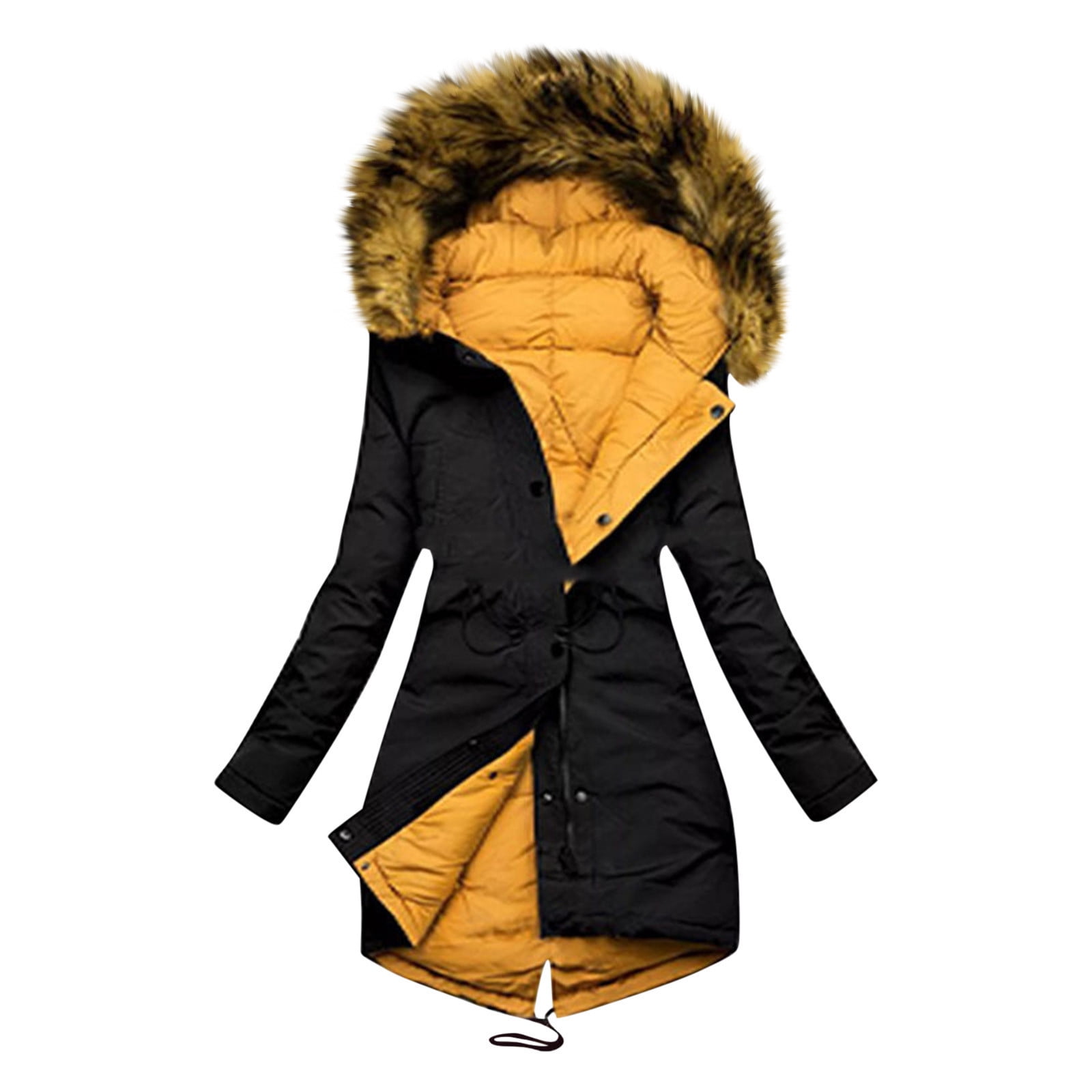 Black Womens Collared Neck Hoods Trench Coat for Ladies Long Pleated ...