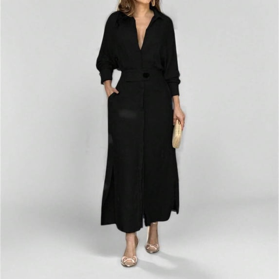 Black Womens Collared Shirt Dress With Belted Waist And Side Slit ...