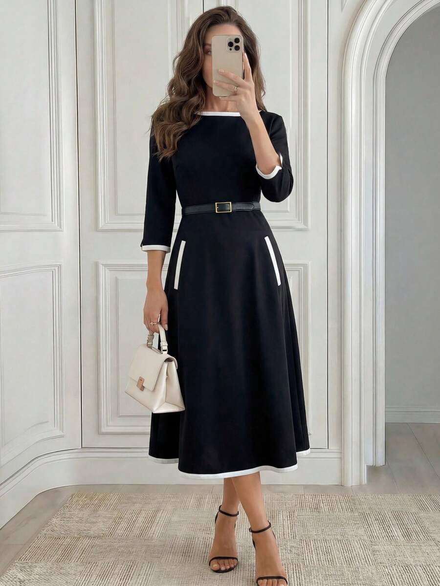 Black Womens Color Block Round Neck 3/4 Sleeve Elegant Midi Commuter ...