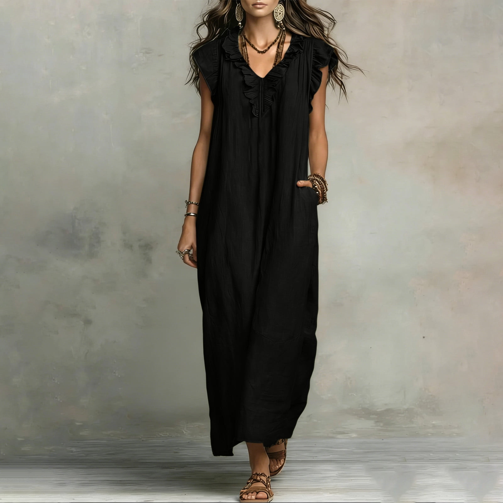 Black Womens Crew Neck Casual Dresses for Women Cap Plain Midi Fall ...