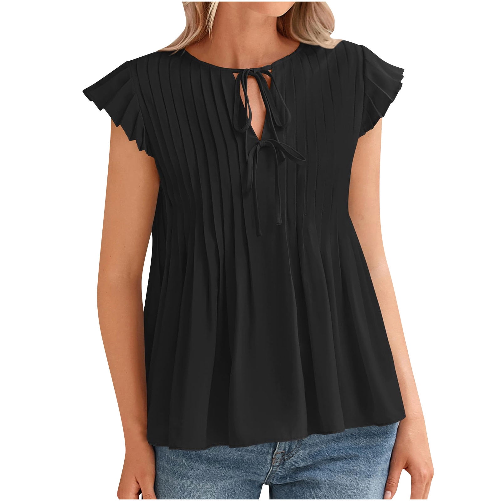 Black Womens Cutout Ruched Ripped Tie Knot Distressed Basic Tops Loose ...