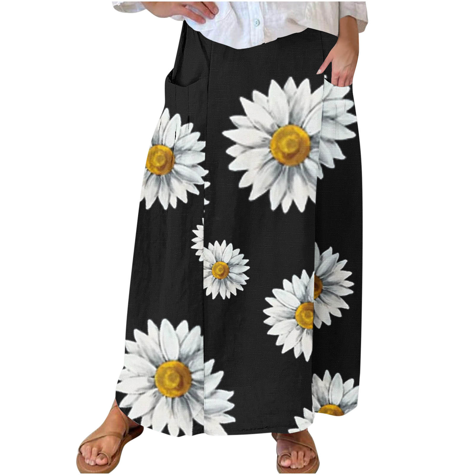 Black Womens Daisy Floral Graphic Loose Fit Skirts for Ladies Maxi Long ...