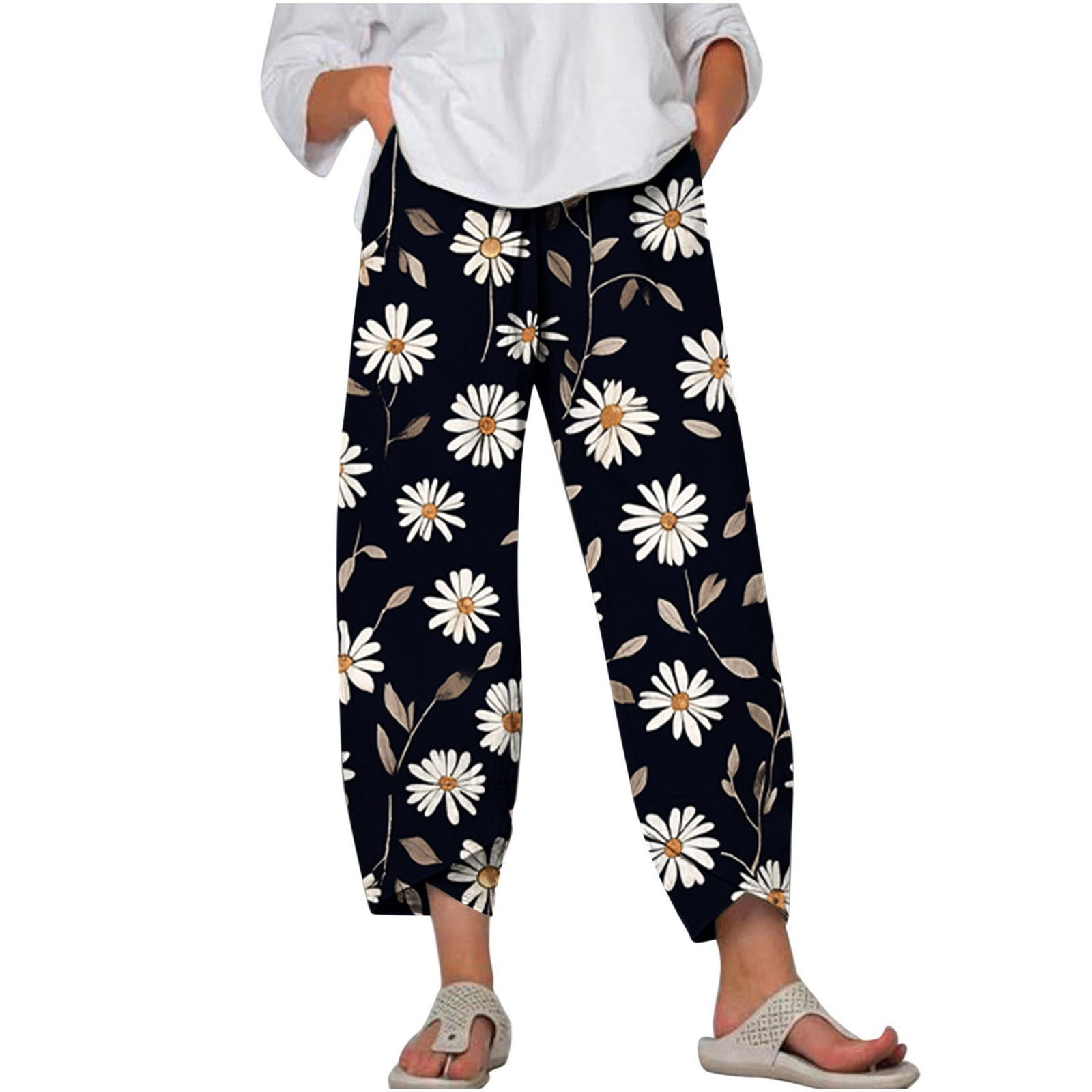 Black Womens Daisy Floral Loose Fit Faux Gauze Linen Trousers Pants for ...