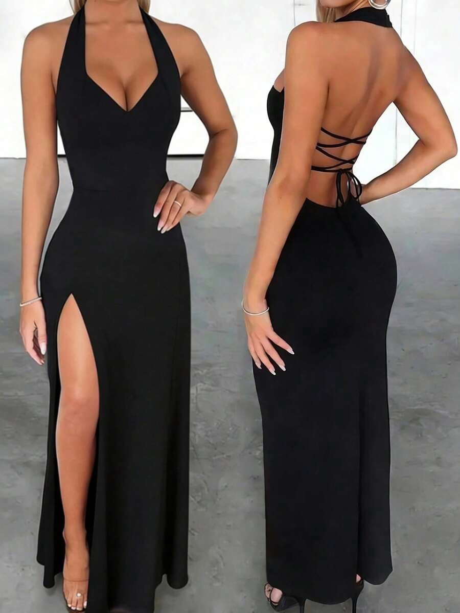 Black Womens Deep V-Neck Halter Tie Backless High Slit Maxi Dress ...