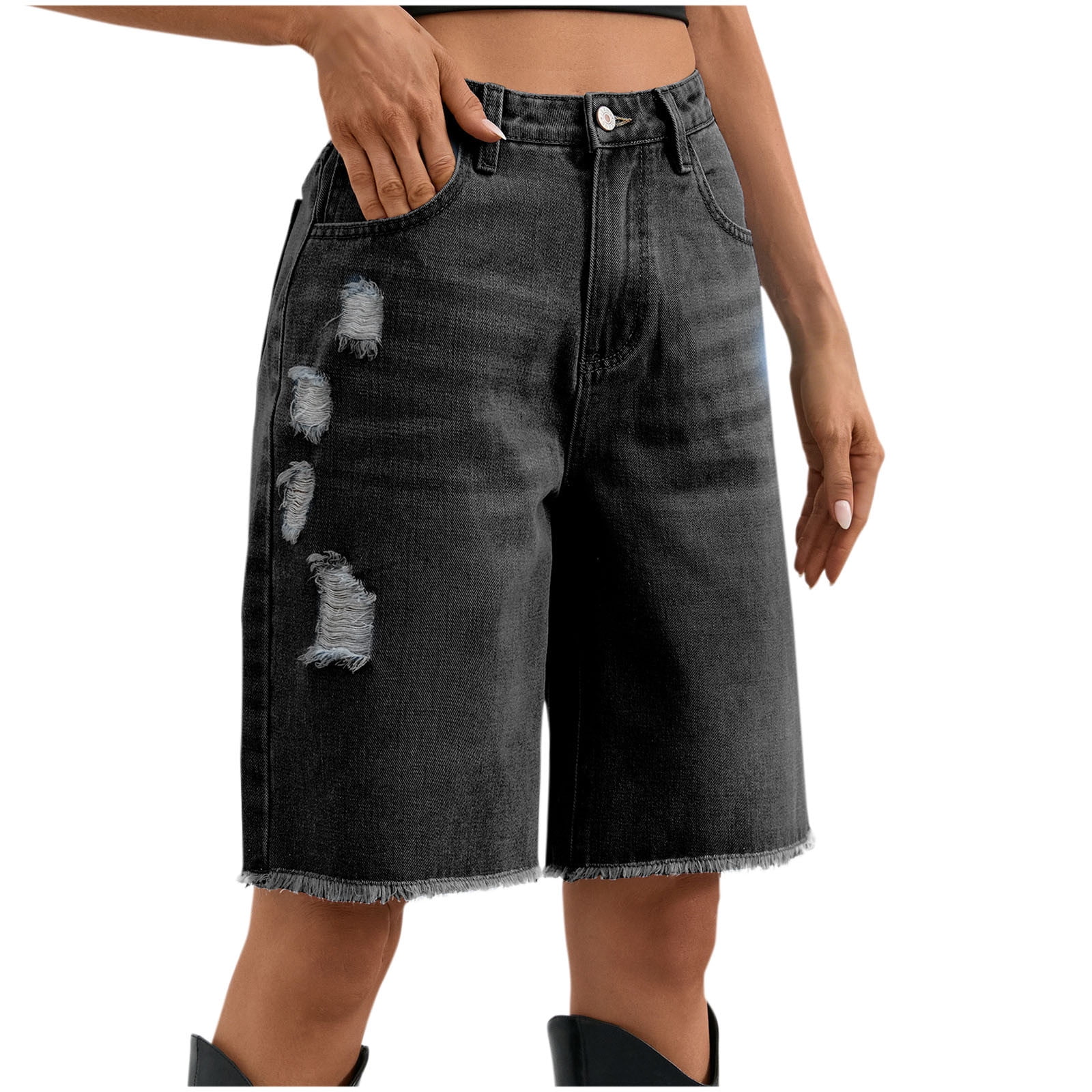 Black Womens Denim Trousers Pants Shorts Jeans for Ladies Fringe ...