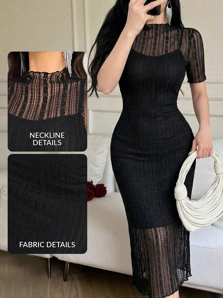 Black Womens Elegant Lace Bodycon Dress With High Neck And Short ...