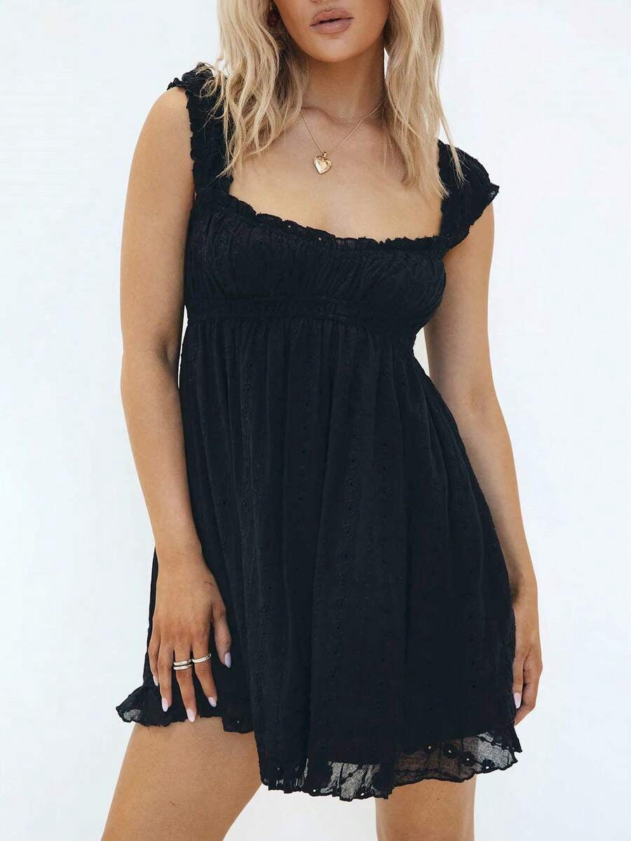 Black Womens Eyelet Smocked Babydoll Mini Dress With Ruffled Cap ...