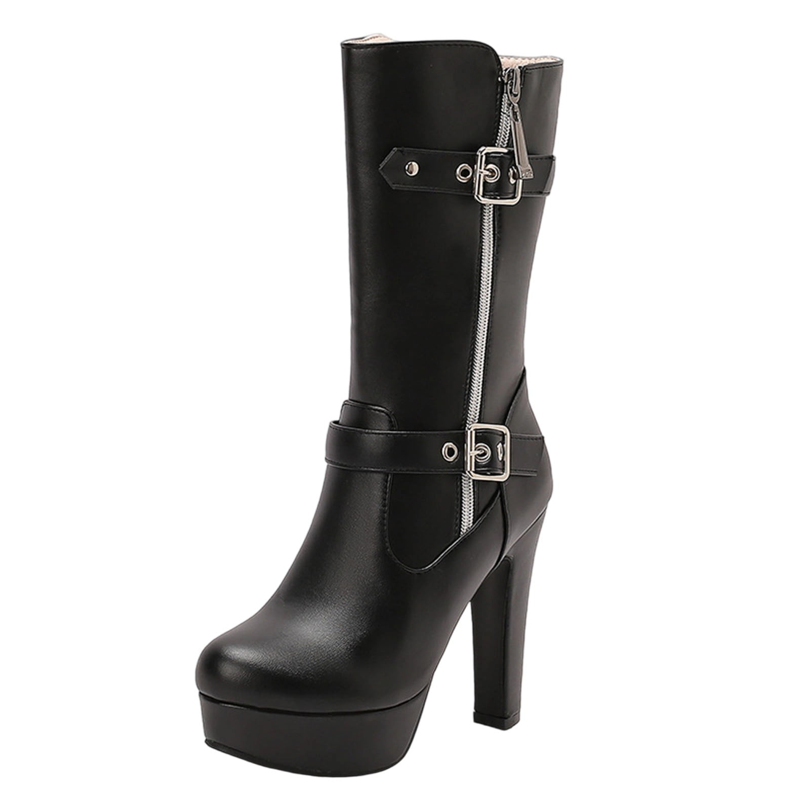Black Womens Fashion Boots With Solid Color And Belt Buckle Detail ...