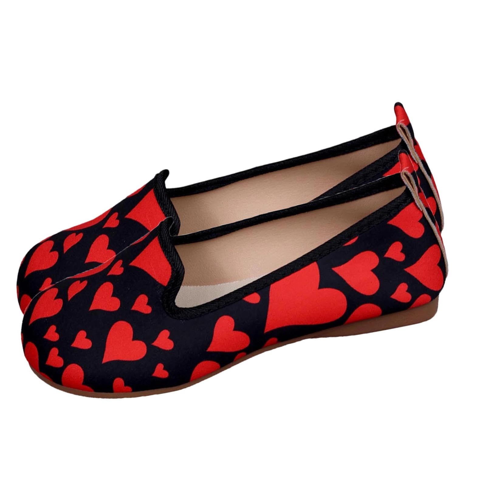 Black Womens Fashionable Casual Heart Shaped Print Round Toe Flat Shoes ...