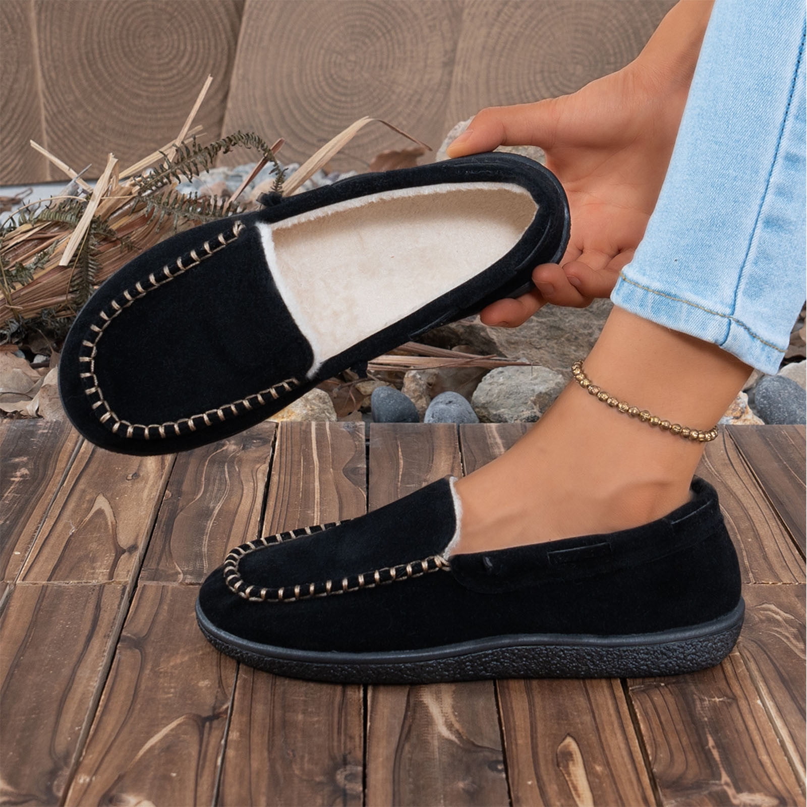 Black Womens Flat Shoes Moccasin Style Decorative Stitching Fleece ...