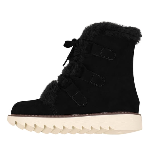 Black Womens Fleece Lined Round Toe Winter Boots Mid Calf Lace Up ...
